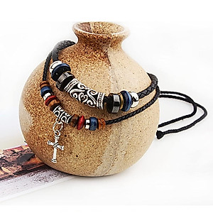 Braided Leather Necklace Vintage Style Double Layers Black Tribal Necklace with Charm Cross Pendant Black Cross