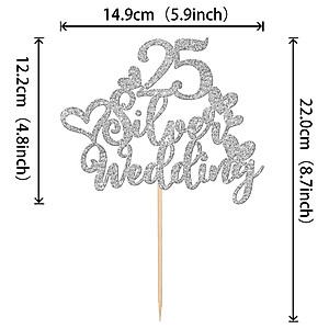 25 PCS 25th Anniversary Cupcake Toppers with 25 Silver Wedding Cake Topper Glitter Heart 25th Wedding Anniversary Cupcake Picks for Happy 25th Wedding Anniversary Party Cake Decorations Supplies