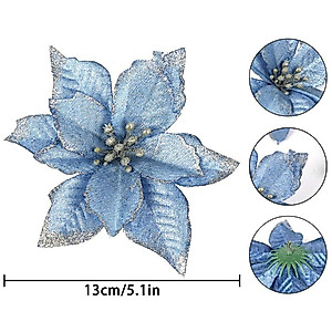 Christmas Glitter Flower Ornaments,Jchen 20Pcs Glitter Christmas Tree Ornaments Artificial Christmas Flowers Christmas Tree Decoration Flower for Home Party Wedding Decorations (Blue)