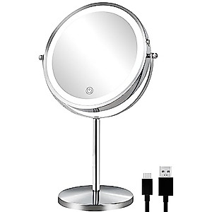 ALHAKIN Rechargeable Lighted Makeup Mirror, 1X/10X Magnifying Mirror with Light, 8 Inch Dimmable Makeup Mirror with 3 Color Lights, Double Sided Cosmetic Light up Mirror with Magnification, Chrome