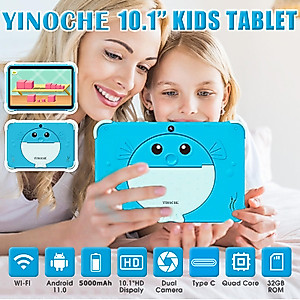 YINOCHE Kids Tablet 10.1 inch Android Toddler Tablet for Kids Children Tablets for Toddlers with Dual Camera 2GB 32GB ROM 1280x800 HD IPS Touch Screen Parental Control YouTube Netflix (Ice Blue)