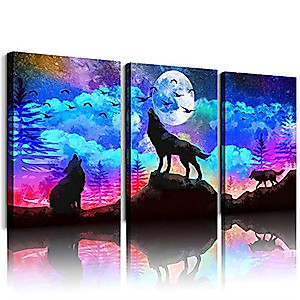 Canvas Wall Art For Living Room Bathroom Wall Decor For Bedroom Kitchen Artwork Canvas Art Prints 3 Pieces Modern Framed Office Home Decorations Blue Starry Sky Landscape Paintings Wolf Hang Pictures
