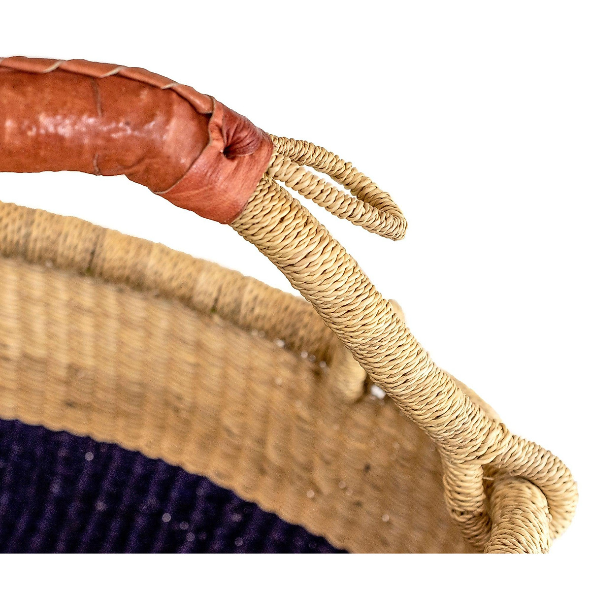 The Bead Chest African Bolga Basket | Genuine Leather Handle | Woven Handmade Fair Trade Product | 100% Authentic Ghanaian | 16-18 Inches Across | Indigo Blue - Striped