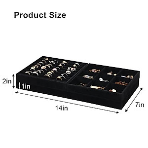 Fixwal Jewelry Tray for Drawers Set of 3, 14in Stackable Jewelry Organizer, Jewelry Storage for Earring, Necklace, Bracelet, Watch with Removable Divider, Black