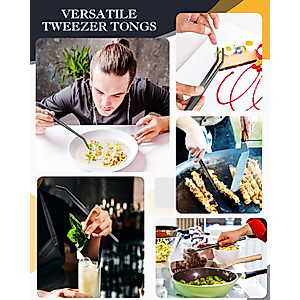 12-inch Cooking Tweezer and Curved Tong Set, Tongs Precision Serrated Tips, Stainless Steel Professional Chef Tweezer Kitchen Tools for BBQ, Plating and Serving