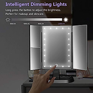 deweisn Trifold Lighted Vanity Makeup Mirror with 21 LEDs Lights,1x/2x/3x Magnification and Touch Screen Dimming,Two Power Supplies Makeup Mirror, Gift for Women