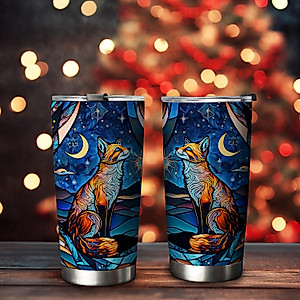 20oz Starry Moonlight Night Fox Tumbler, Gifts for Fox Lovers, Coffee Thermos for Women, Stainless Steel Double Wall Vacuum Insulated Coffee Mug, Travel Cup with Lid