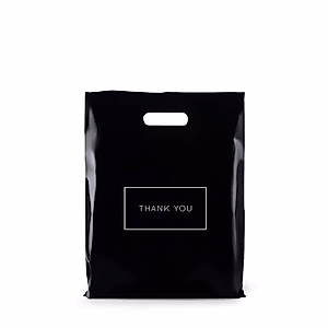 Purple Q Crafts Die Cut Plastic Shopping Bags with Thank You Logo 12" x 15" Boutique Bags with Handles 100 Pack for Merchandise, Gifts, Trade Shows and More