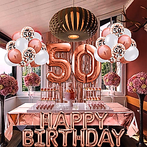 MOVINPE 50th Rose Gold Birthday Party Decoration, Happy Birthday Banner, Jumbo Number 50 Foil Balloon, 2 Rose Gold Fringe Curtain, Latex Confetti Balloon, Table Confetti for Girl Women Anniversary