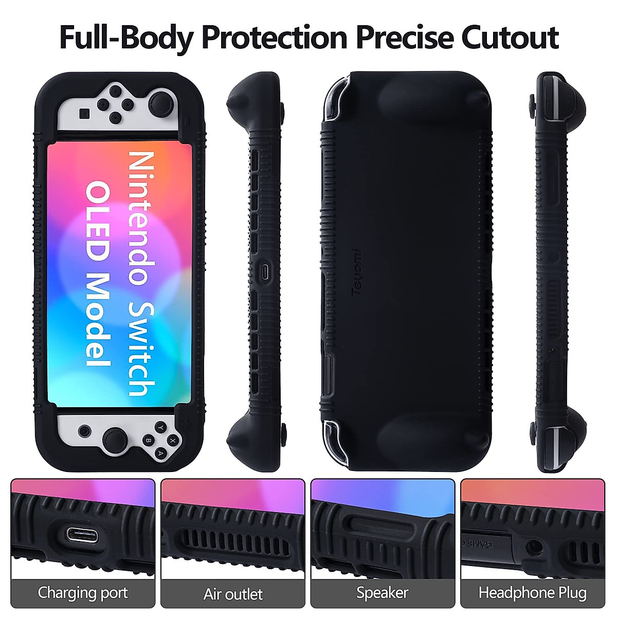 Teyomi Silicone Case for Nintendo Switch OLED with 2 Game Cards Slots, [Kids Friendly] Shockproof Protective Cover with Tempered Glass Screen Protector, Ergonomic Grip Case for Switch OLED, Black