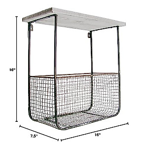 VIP Home and Garden Wooden Floating Shelf with a Metal Basket, Wall Mounted, Farmhouse Décor, 16 Inches, White, Brown