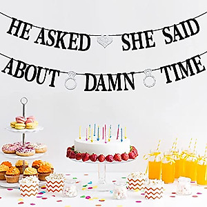 Sarahship He Asked She Said About Damn Time Banner Black Glitter Backdrop for Wedding Engagement Bridal Shower Party Decorations