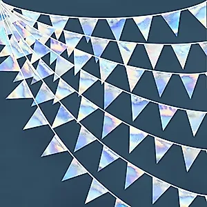 33Ft Iridescent Party Decoration Holographic Fabric Triangle Pennant Banner Flag Cotton Bunting Garland for Birthday Wedding Bridal Shower Bachelorette Engagement Disco Euphoria Galaxy Party Supplies