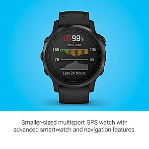 Garmin Fenix 6S Pro, Premium Multisport GPS Watch, Smaller-Sized, features Mapping, Music, Grade-Adjusted Pace Guidance and Pulse Ox Sensors, Black (Renewed)