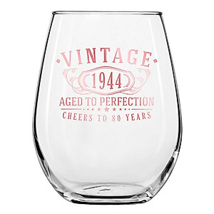 Vintage 1944 Rose Gold Printed 17oz Stemless Wine Glass – Happy 80th Birthday Gift Women Men, Cheers to 80 Years, Turning 80 Woman Decorations Decor, Anniversary Bday Party Favors, Gift Ideas Her 1.0