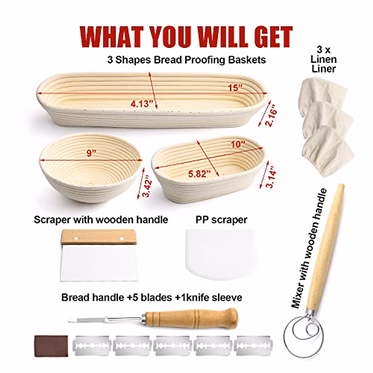 Banneton Bread Proofing Basket Set With Sourdough Bread Baking Supplies, Bread Making Kit Include 9''Round 10'' Oval & Baguette Cane Sourdough Proofing Basket With Dough Whisk Scrapers +Bread Lame…