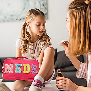 dark swan Chenille Letter Portable Makeup Bag Medicine Drug Bag Waterproof Leather, Preppy Patch Makeup Cases w/ Zipper, MEDS First Aid Pouch Purpose Bag School Home Travel Camping Supplies (Pink)