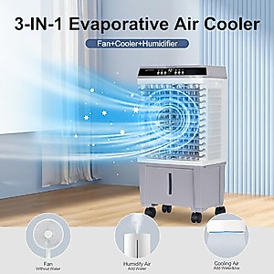 Uthfy Evaporative Air Cooler, Swamp Cooler with 5.3 Gallon Water Tank, 4 Ice Box, Remote, 12H Timer, 110°Oscillation, Portable Air Cooler Cooling Fan with 3 Speeds for Bedroom Home Office