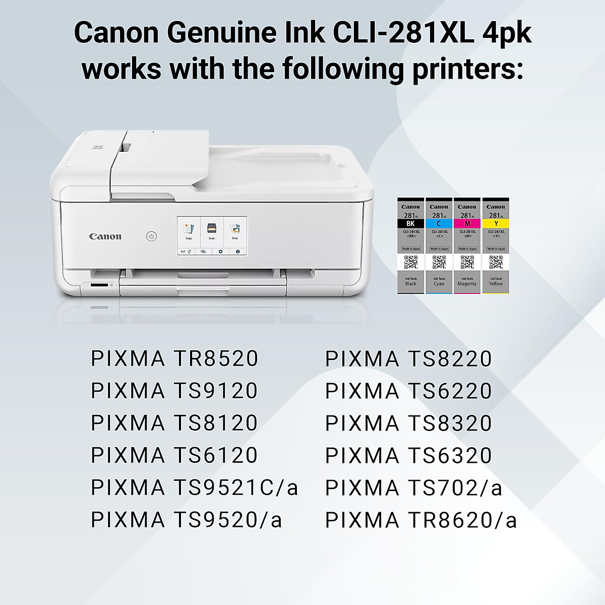 Canon CLI-281 XL Black, Cyan, Magenta and Yellow 4 Ink Pack Compatible to printer TR8520, TR7520, TS9120 Series,TS8120 Series, TS6120 Series, TS9521C, TS9520, TS8220 Series, TS6220 Series