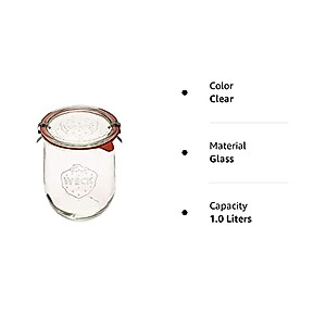 Weck Tulip Jar - Sour Dough Starter Jars for Sourdough - 1 x WECK 745 Large Clear Jar with Wide Mouth - 1 Liter Includes Glass Lid, rubber seal and steel clips
