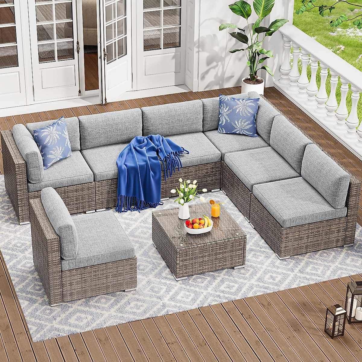 YITAHOME 8 Pieces Outdoor Patio Furniture Set, Sectional Sofa PE Rattan Wicker Conversation Set Outside Couch w/Table and Cushions for Porch Lawn Garden Backyard,Gray
