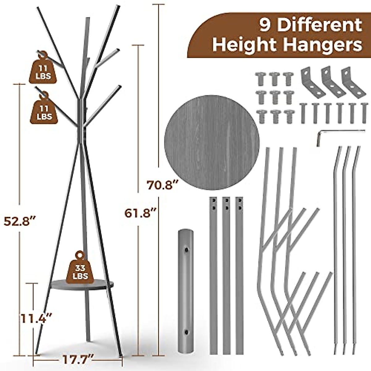MULSH Standing Coat Rack Hat Hanger Coat Rack Hooks Coat Rack Hall Tree Entryway Standing Hat Jacket Coat Hanger Rack in Grey,17.72" W x 17.72" D x 73.46" H
