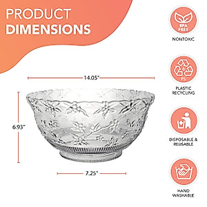 Party Essentials Plastic Punch Set with Ladle and Drinkware, Party Serveware for Cocktails, Fruit Punch, Tea, and Juices, Clear, 12 Qt Bowl + 20 Coffee Cups (8 oz.)