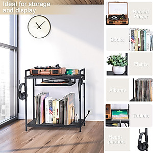 SEHERTIWY Record Player Stand with Vinyl Storage, Black Turntable Stand with Charging Station, Record Player Holder with Detachable Wheels