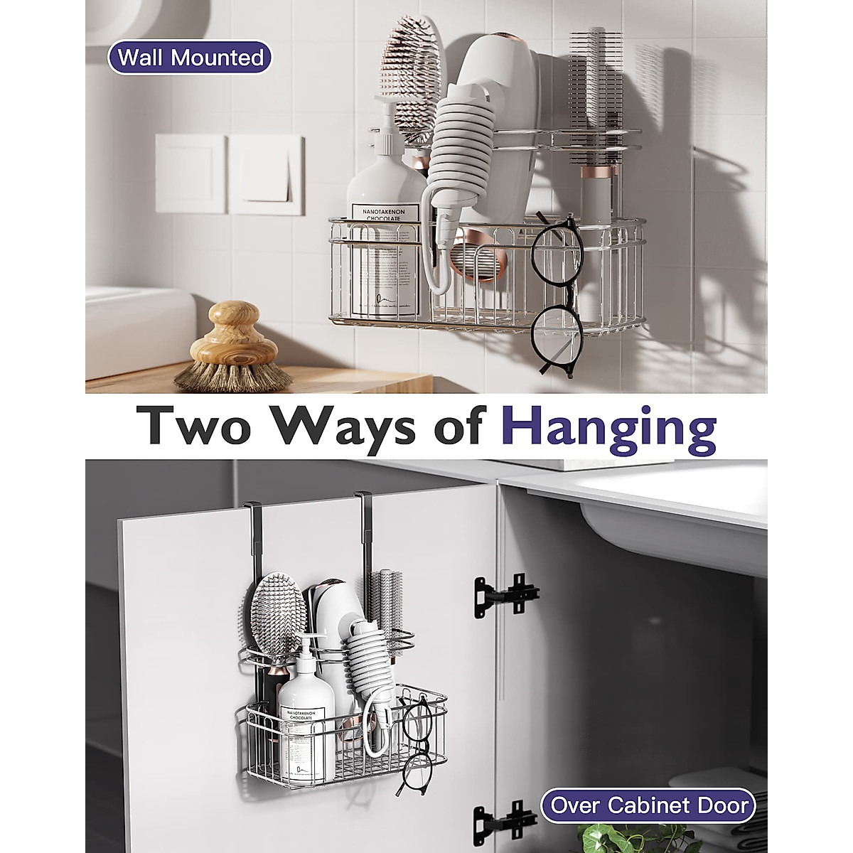 ULG Hair Tool Organizer, Over Cabinet&Wall Mount Hair Care & Styling Tool Organizer,with 5 Adjustable Height and 3 Compartment for Hair Dryer,Flat Irons,Curling Wands for Bathroom, Chrome