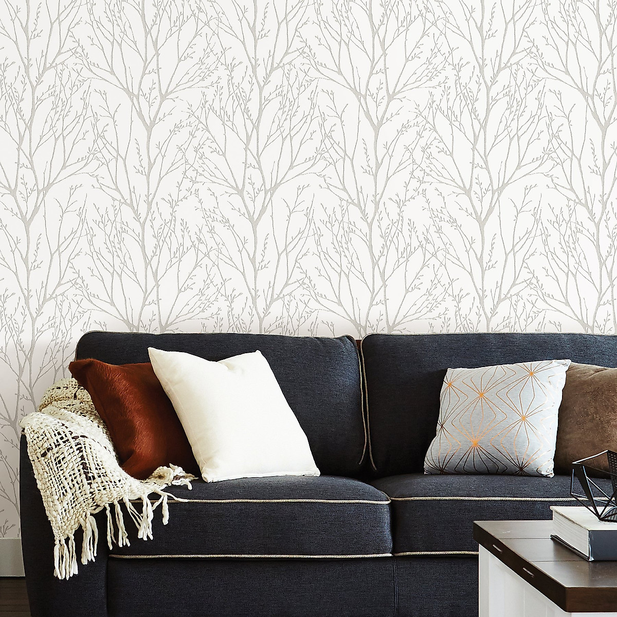 NuWallpaper NU2394 Treetops Peel Stick Wallpaper, White & Off-White
