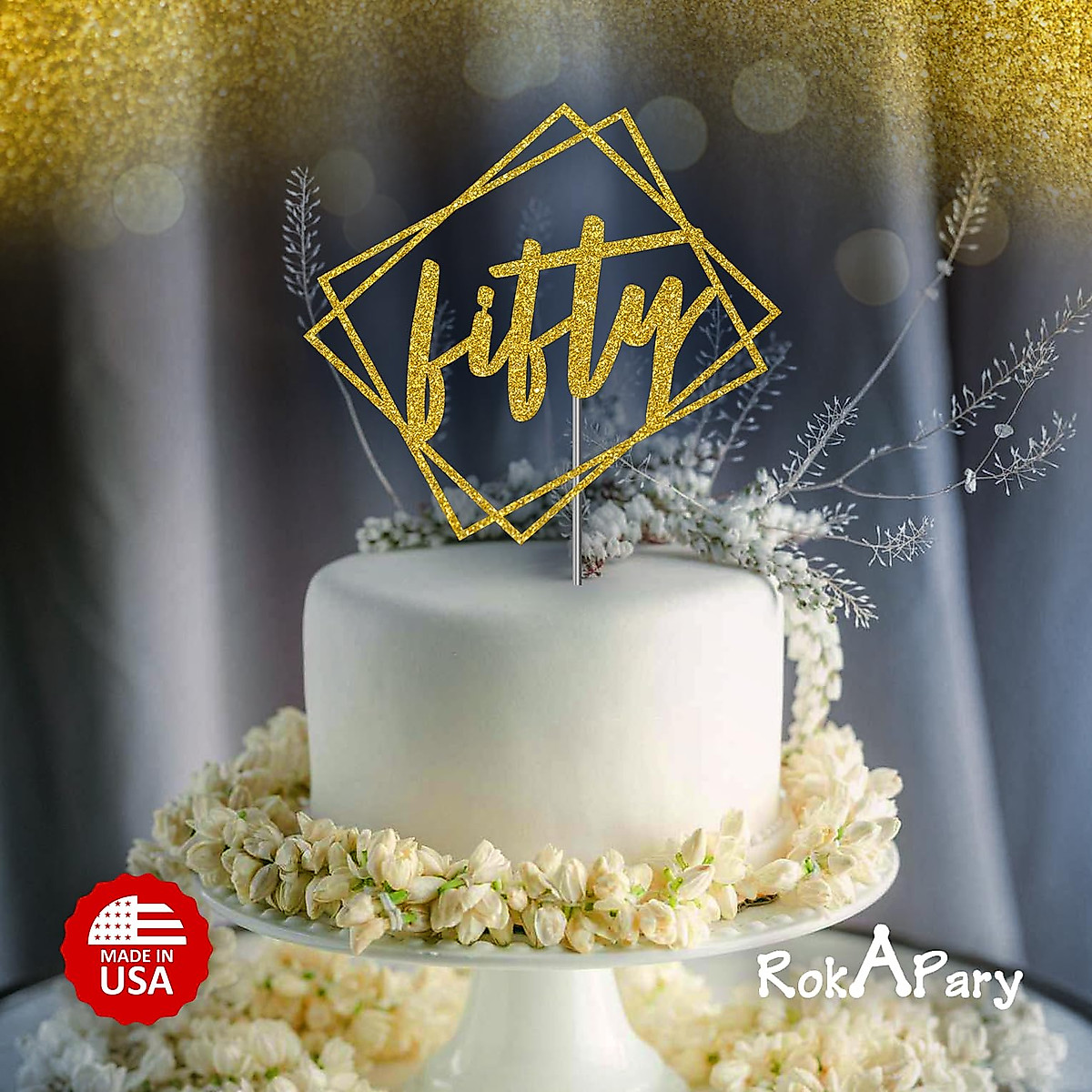 Fifty Cake Topper Gold Glitter, Modern Design 50 Birthday, Days, Months, Anniversary Party Decoration Ideas, Premium Quality, Sturdy Doubled Sided Glitter, Acrylic Stick. Made in USA