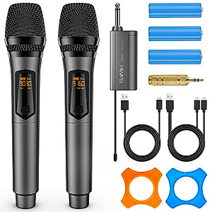 Saiyin Rechargeable Wireless Microphones,UHF Dual Handheld Dynamic Mic Karaoke System with Rechargeable Microphones and Receiver, 200 ft Range, 1/4’’＆1/8’’ Output for Amplifier, PA System
