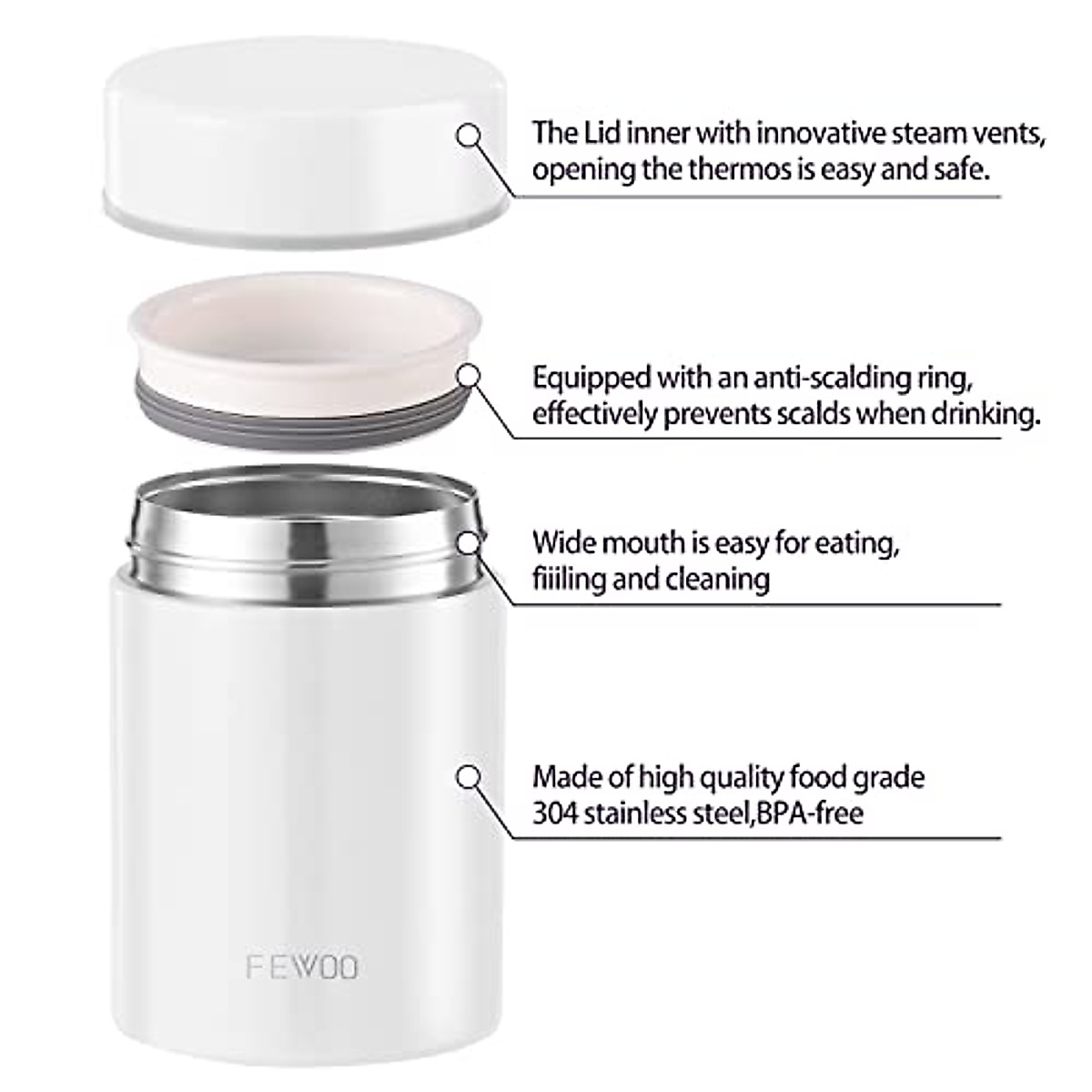 FEWOO Soup Thermos,Food Container for Hot Cold Food, Vacuum Insulated Stainless Steel Lunch Box for Kids Adult,Leak Proof Food Jar for School Office Picnic Travel Outdoors (White 13.5oz)