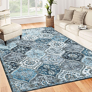 GarveeHome Washable Area Rug Moroccan Trellis Living Room Rug Non-Slip Stain Resistant Accent Rug Vintage Distressed Floral Floor Cover Carpet for Bedroom Laundry Room, 4' x 6', Blue/Grey