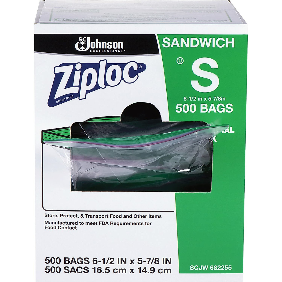 Ziploc 682255 Resealable Sandwich Bags, 1.2mil, 6 1/2 x 6, Clear, Box of 500