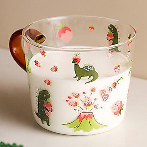 Sizikato Clear Glass Breakfast Cup with Handle, 15 Oz Milk Mug, Cute Dinosaur and Strawberry Pattern