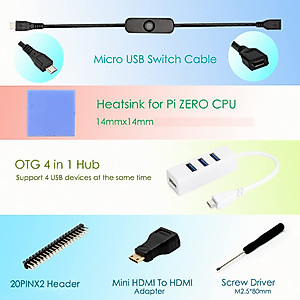 Raspberry Pi Zero Case Kit, iUniker Pi Zero Aluminum Passive Case with Pin Header, OTG Hub, HDMI Adapter, on/Off Switch Cable for Pi Zero 2 w