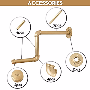 AddGrace Pipe Clothing Rack 2Pack 18Inch Detachable Garment Rack DIY Wall Mounted Industrial Pipe Clothing Hanging Rack for Home and Clothing Store (Gold) 46cm