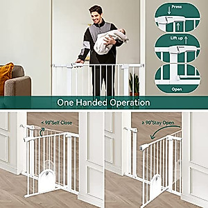 Babelio Auto Close Baby Gate with Small Cat Door, 29-43" Metal Cat Gate for Doorway, Stairs, House, Easy Walk Thru Dog Gate with pet Door, Includes 4 Wall Cups and 3 Extension Pieces, White