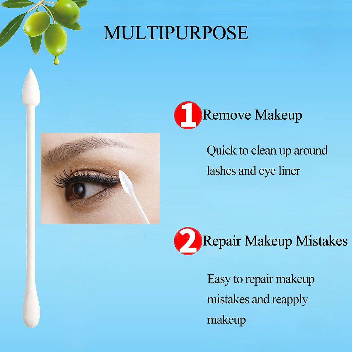 Sppry Olive Oil Makeup Remove Cotton Swabs - Individually Wrapped Double Tipped Paper Sticks, 100 Count (Round/Pointed End)