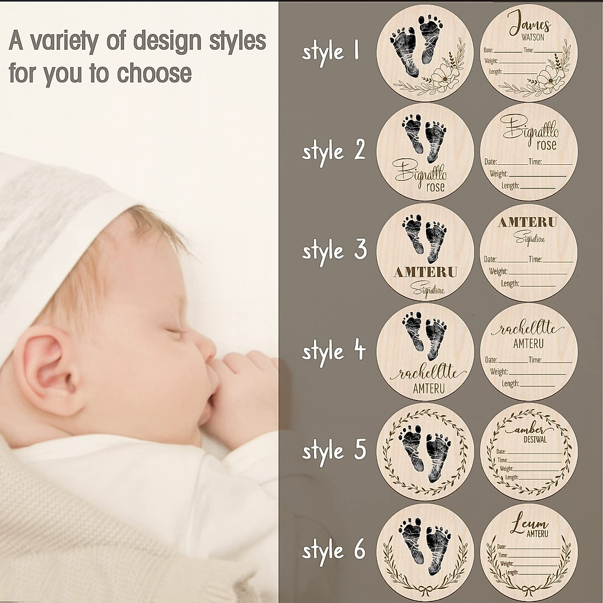 Mayyi Newborn Birth Announcement Sign,Personalized Newborn Handprint and Footprint Sign,Custom Engraved Wooden Baby Name Sign,Newborn Photo Props, Hello World Newborn Announcement for Hospital