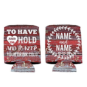 VictoryStore Can and Beverage Coolers: Customizable Red Barn wood “To Have And To Hold” Rustic, Vintage Wedding Can Coolers Design 3 (100)