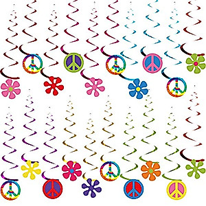 60's Hippie Theme Party Foil Swirl Decorations, 60s Groovy Party Retro Flower Cutouts Peace Sign Hanging Swirls Ceiling Decorations for 60s Hippie Theme Groovy Party Supplies, 30 Count (Simple)
