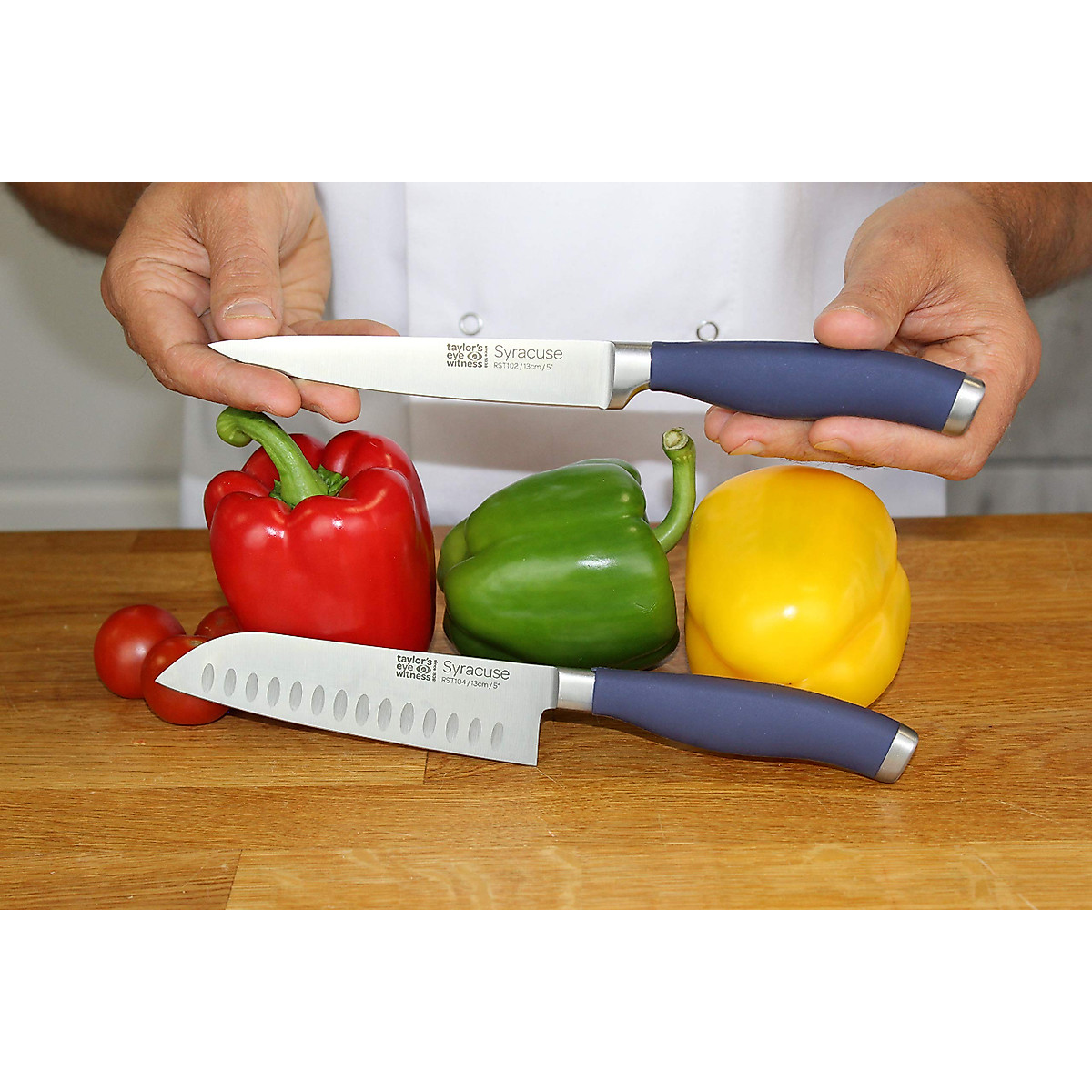 Taylors Eye Witness Syracuse Asian Kitchen Knife Set - Chefs Santoku 13cm/5” & Cooks All Purpose 13cm/5” Cutting Edge, Multi Use. Ultra Fine, Razor Sharp Blade. Soft Textured Grip Denim Blue Handle.