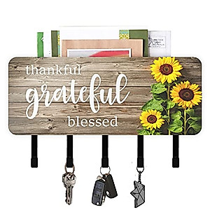 Autumn Fall Sunflowers Wooden Key Holder for Wall Key Hanger with 5 Key Hooks Key Rack Organizer Key and Mail Holder for Wall Decorative Entryway Farmhouse Mudroom Kitchen Home Office Grateful