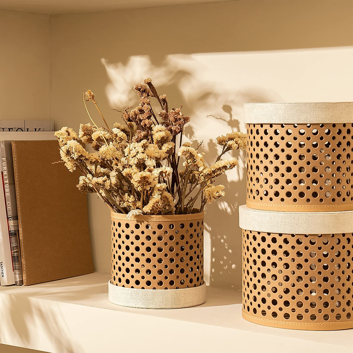 LA JOLIE MUSE Decorative Round Storage Boxes Set of 3, Polka Dot Cutout Baskets with Lids, Desktop Storage Organizer, Gift Baskets with Linen Paper Lids, Brown Baskets, Beige Lids