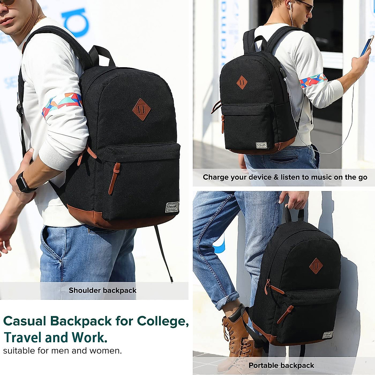 Classic College Backpack, Water-resistent Laptop Backpack with USB Charging Port & Headphone Adapter for Men & Women Slim Anti-Theft Travel Bookbags Fits up to 14'' Computer 15'' Macbook - Black