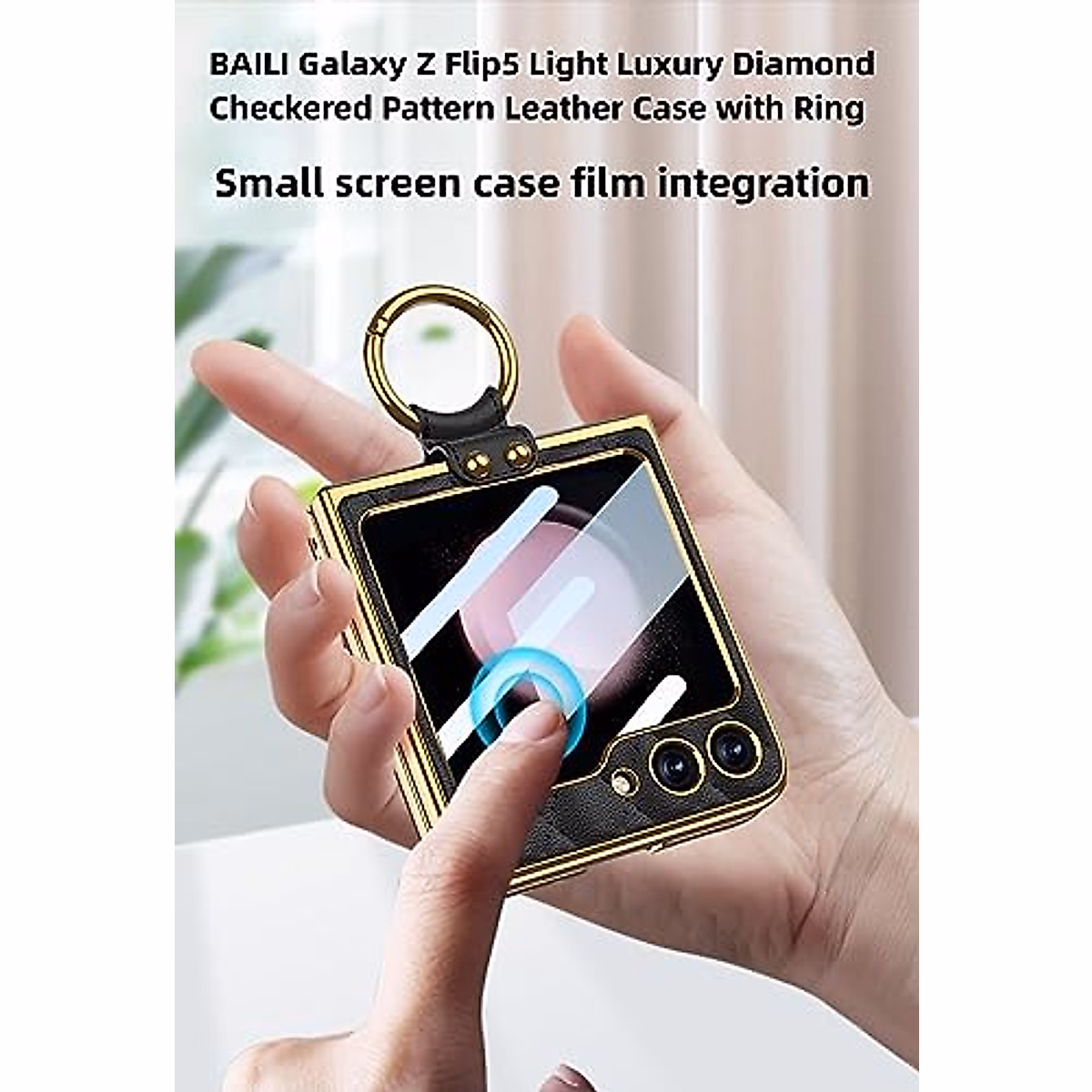 BAILI Galaxy Z Flip5 Leather Case,Galaxy Z Flip 5 Case with Ring and Built-in Small Screen Protective Film,Light Luxury Diamond Checkered Pattern Samsung Galaxy Z Flip5 Leather Case-Red