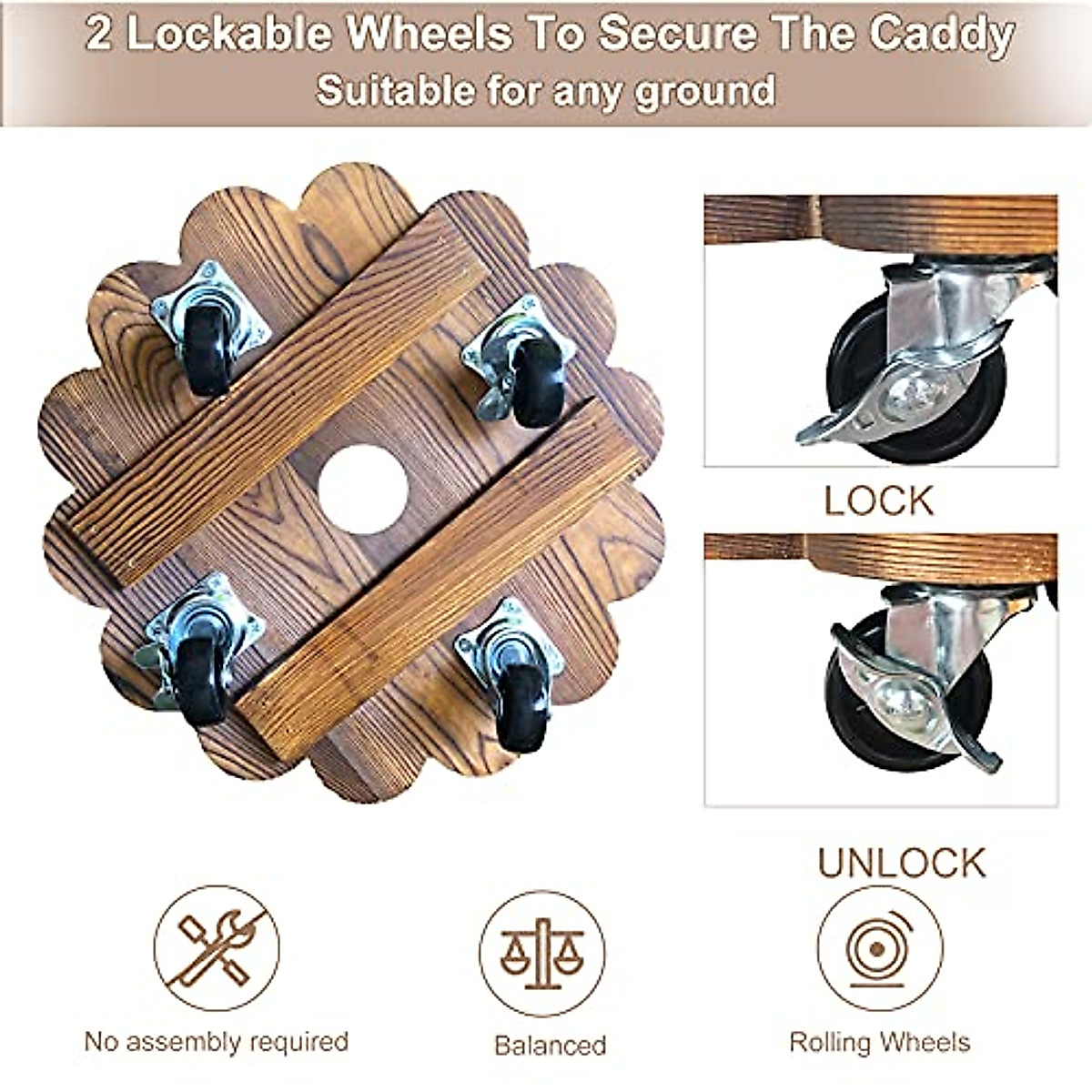 Melody House Plant Caddy, 12 Inch Plant Stand with Wheels, Indoor Round Wood Rolling Plant Dolly, 2 Pack