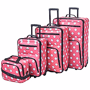 Rockland Polka Softside Upright Luggage Set, Expandable, Lightweight, Pink Dots, 4-Piece (14/19/24/28)